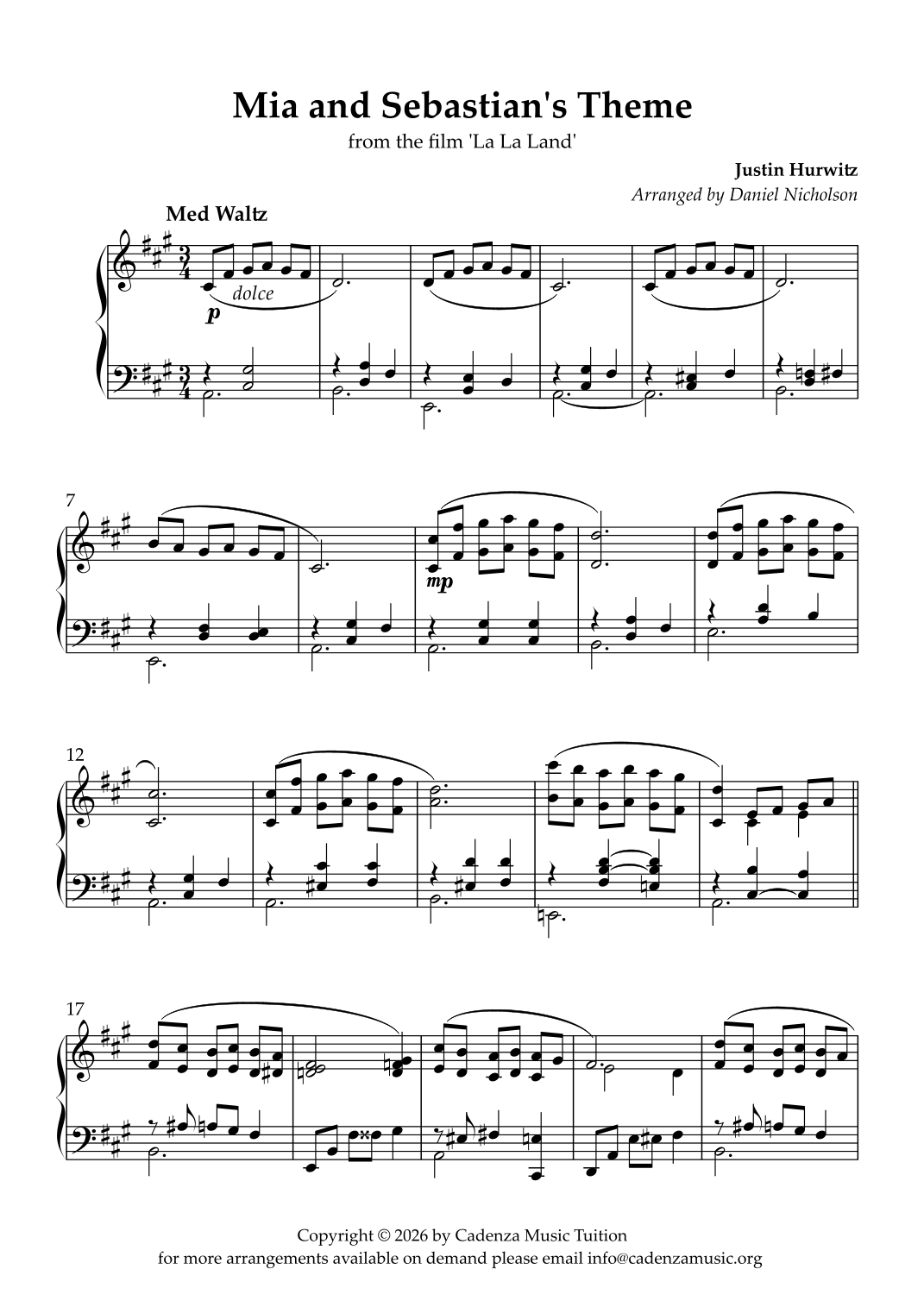 Mia & Sebastian's Theme (arr. Daniel Nicholson) by Justin Hurwitz Sheet ...