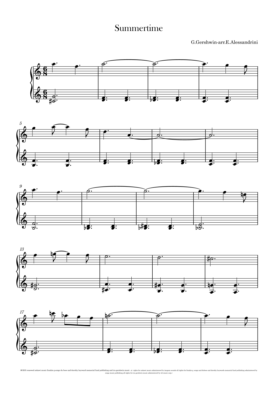 Summertime (arr. Ester Alessandrini) by Ira Gershwin Sheet Music for ...