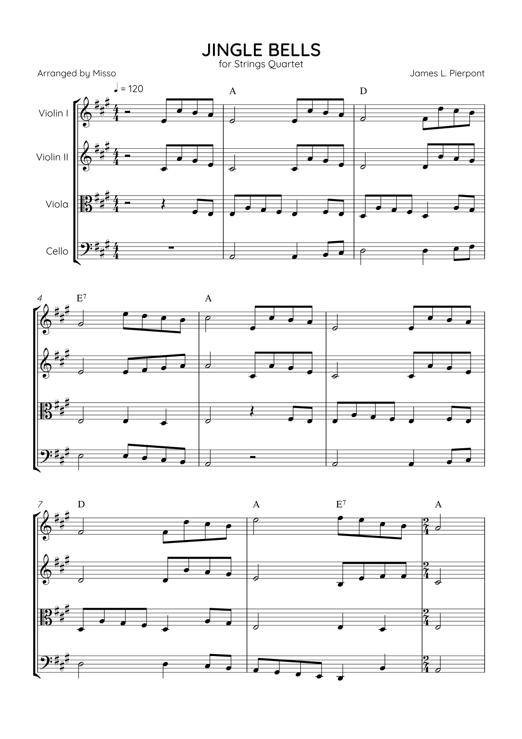 Jingle Bells - Strings Quartet in A Major - Easy With Chords (arr. MissoRB) by James L. Pierpont ...