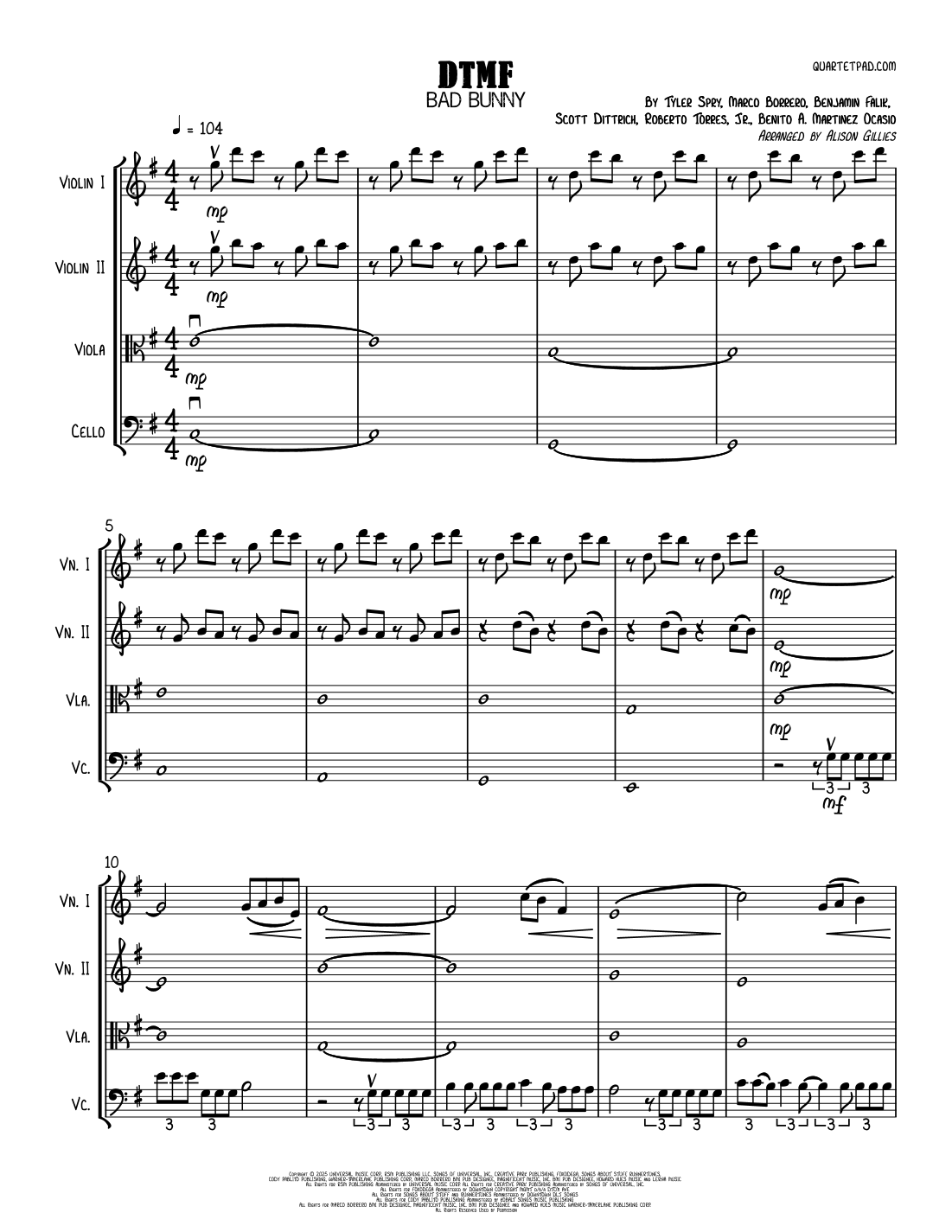Dtmf (arr. Alison Gillies) by Bad Bunny Sheet Music for String Quartet ...