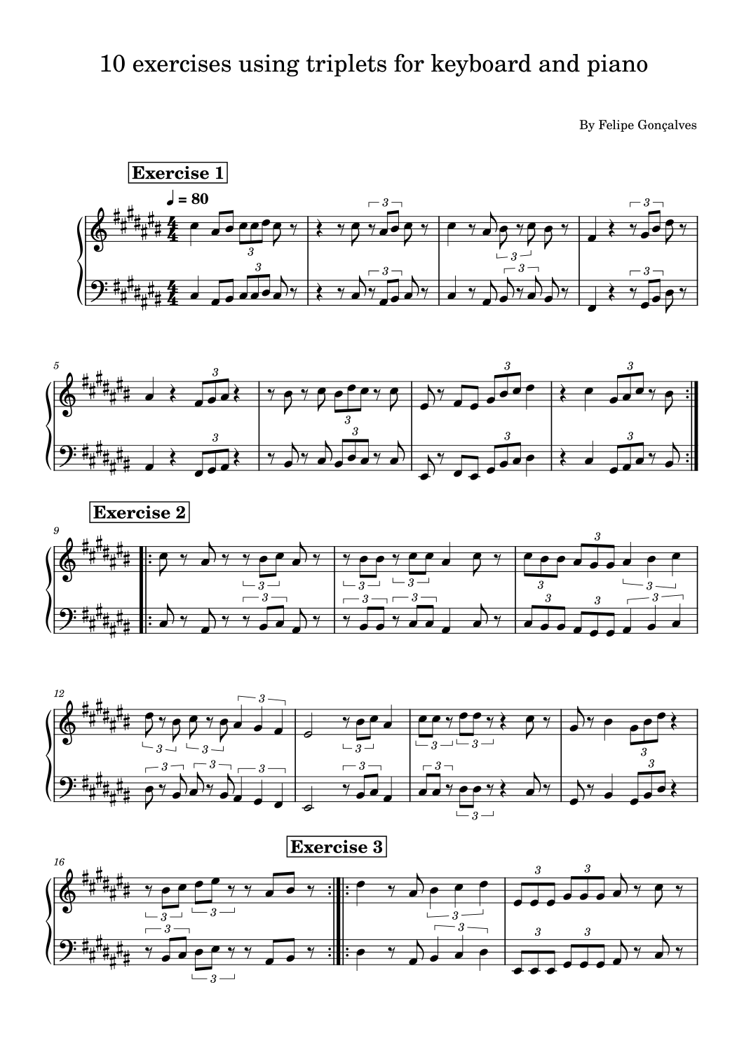 10 exercises using triplets for keyboard and piano in the key of C# ...