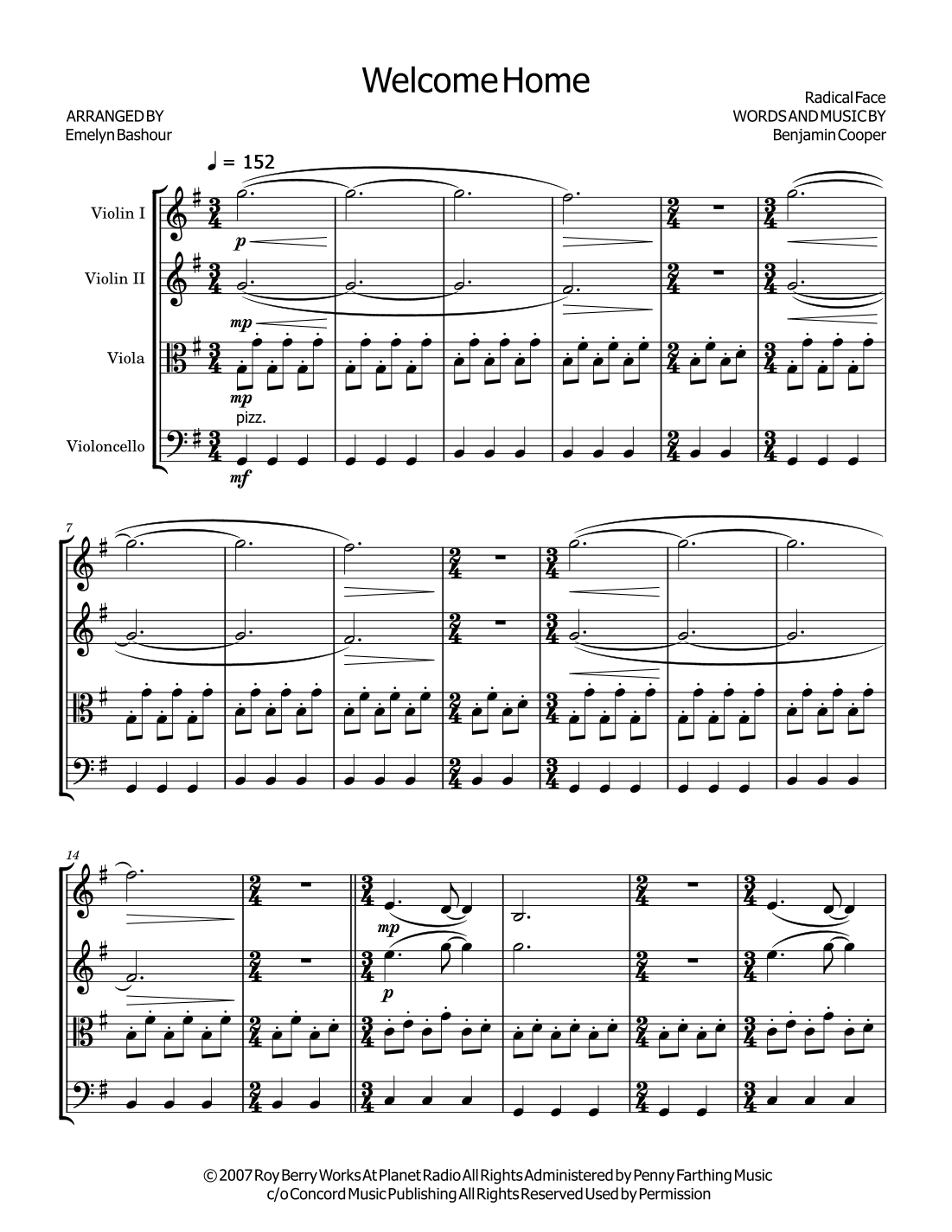 Welcome Home (arr. Emelyn Bashour) by Benjamin Cooper Sheet Music for String Quartet at Sheet ...