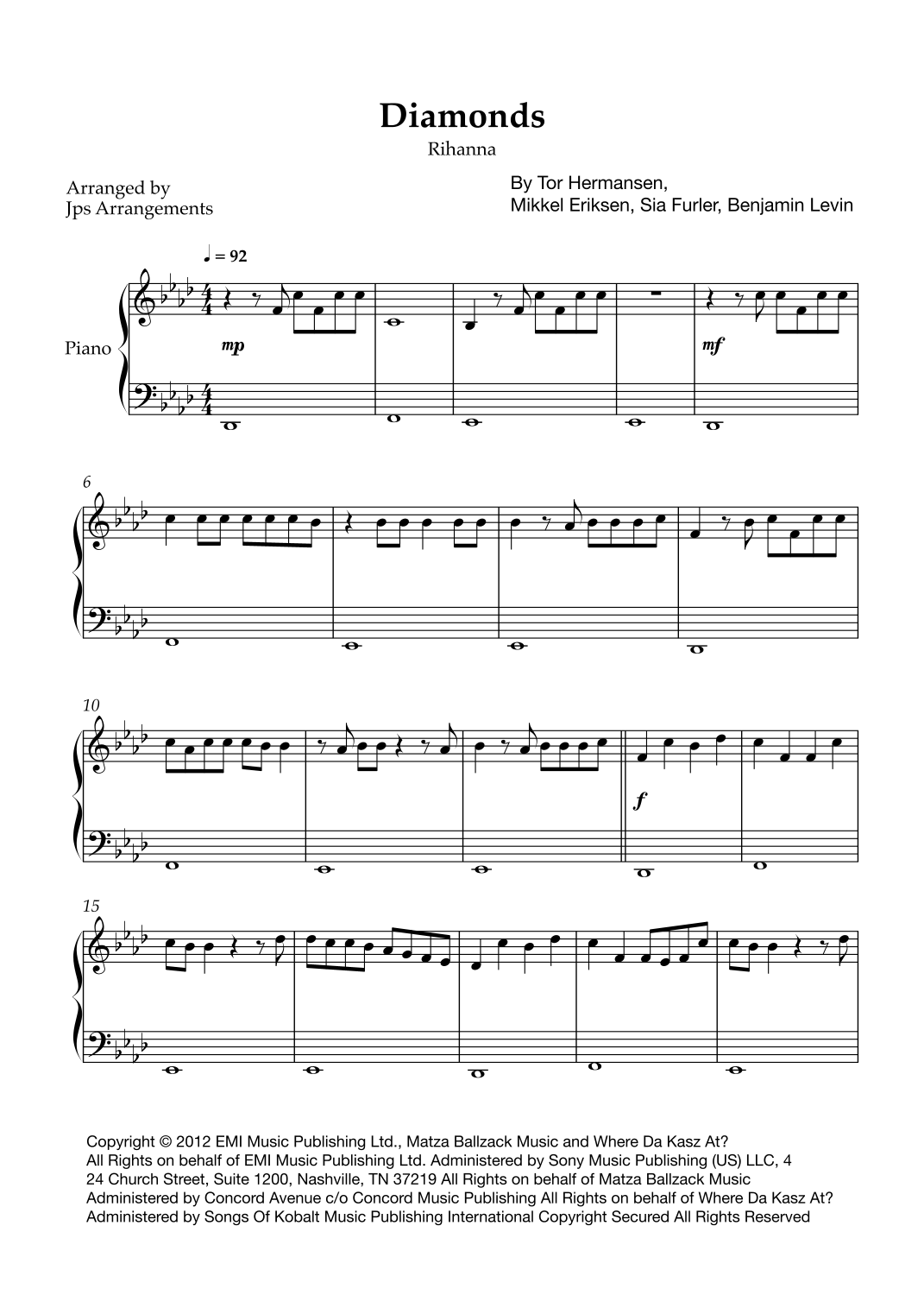 Diamonds (arr. Jps Arrangements) by Rihanna Sheet Music for Easy Piano ...