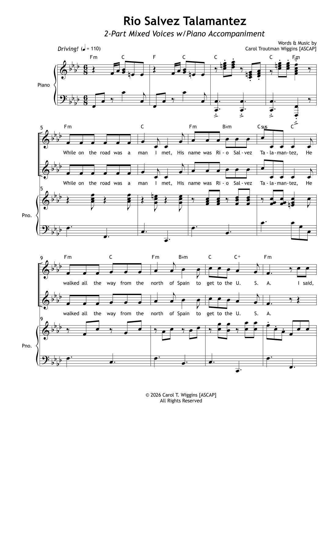 RIO SALVEZ TALAMANTEZ (2-Part Mixed Voices w/Piano) by Carol Troutman ...