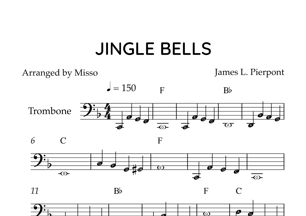 Jingle Bells - Trombone in F Major (Beginner With Letter Names & Chords ...