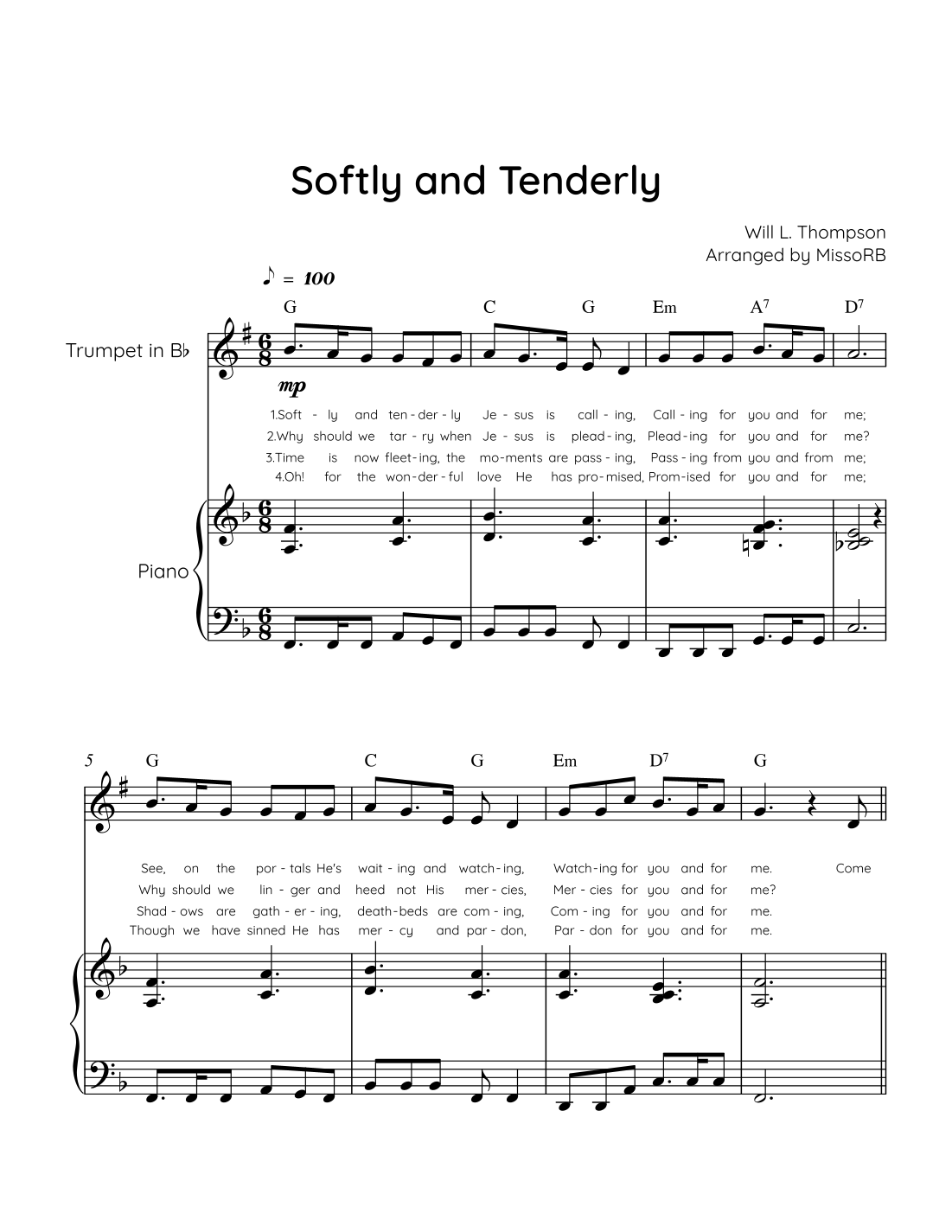 Softly and Tenderly - Trumpet & Piano in F With Chords & Lyric - Easy ...