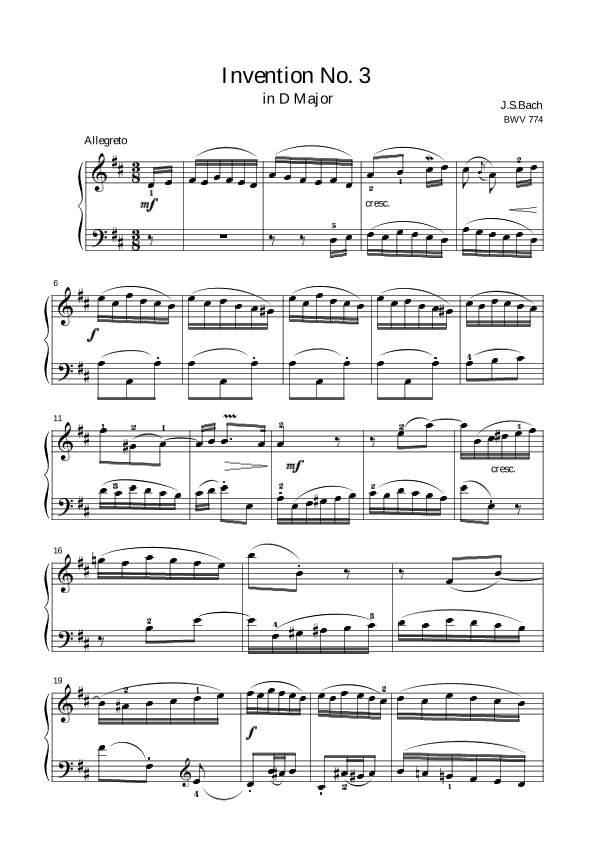 Bach Invention No. 3 in D Major BWV 774 (arr. Public Domain) Noten | Johann Sebastian Bach ...
