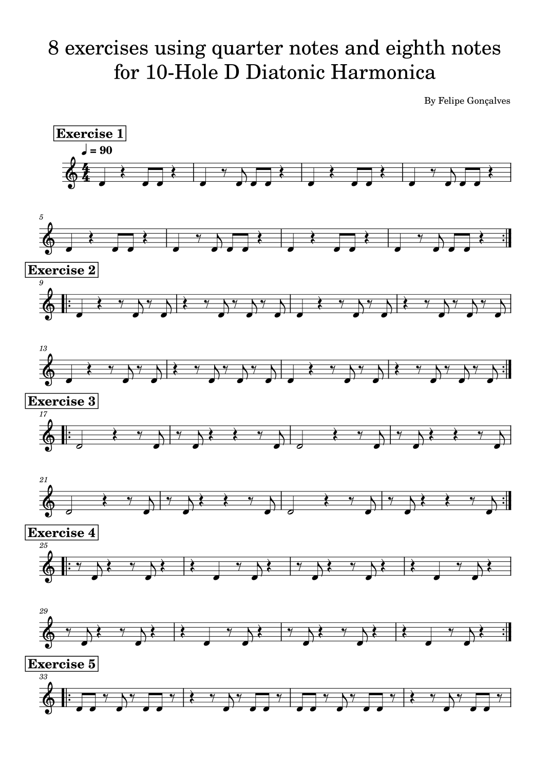 8 exercises using quarter notes and eighth notes for 10-Hole D Diatonic ...