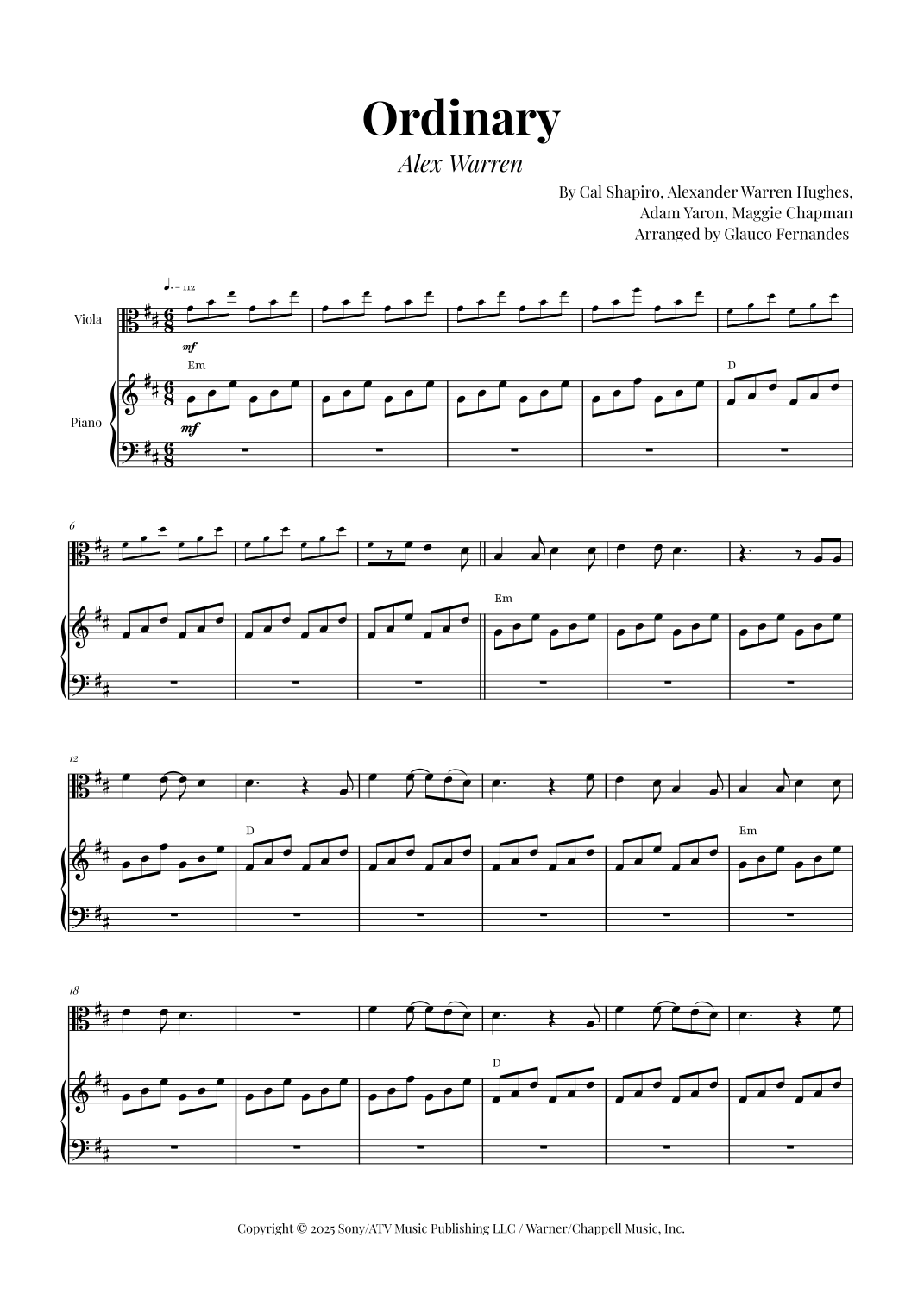 Ordinary (arr. Glauco Fernandes) par Alex Warren Partitions pour Alto ...