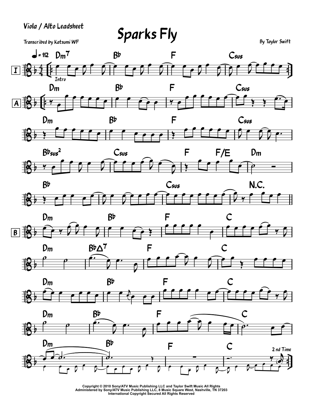 Sparks Fly (arr. Katsumi WF) by Taylor Swift Sheet Music for Viola Solo ...