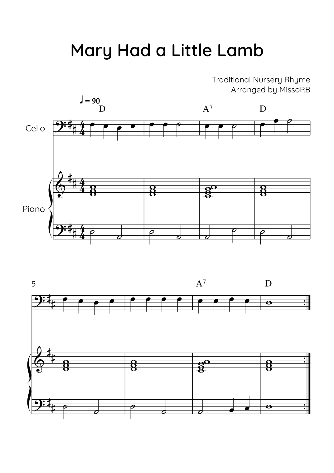 Mary Had a Little Lamb - Cello & Piano in D With Chords - Easy (arr ...