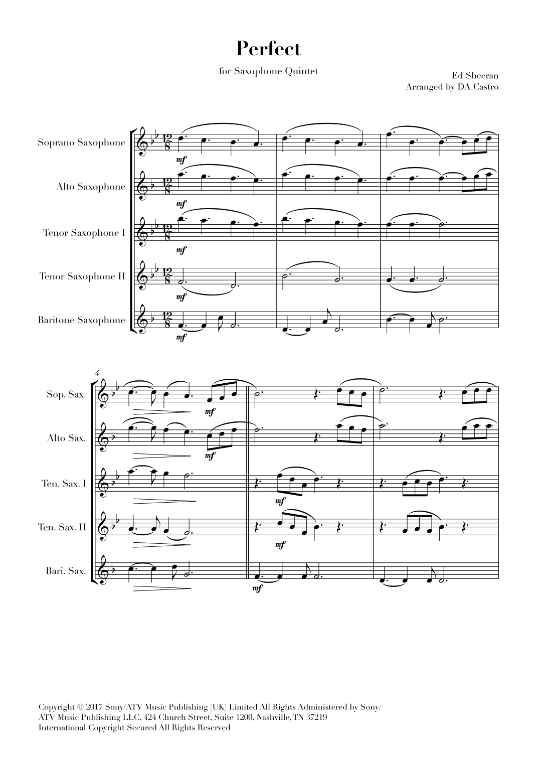 Perfect (arr. DA Castro) by Ed Sheeran Sheet Music for Woodwind ...