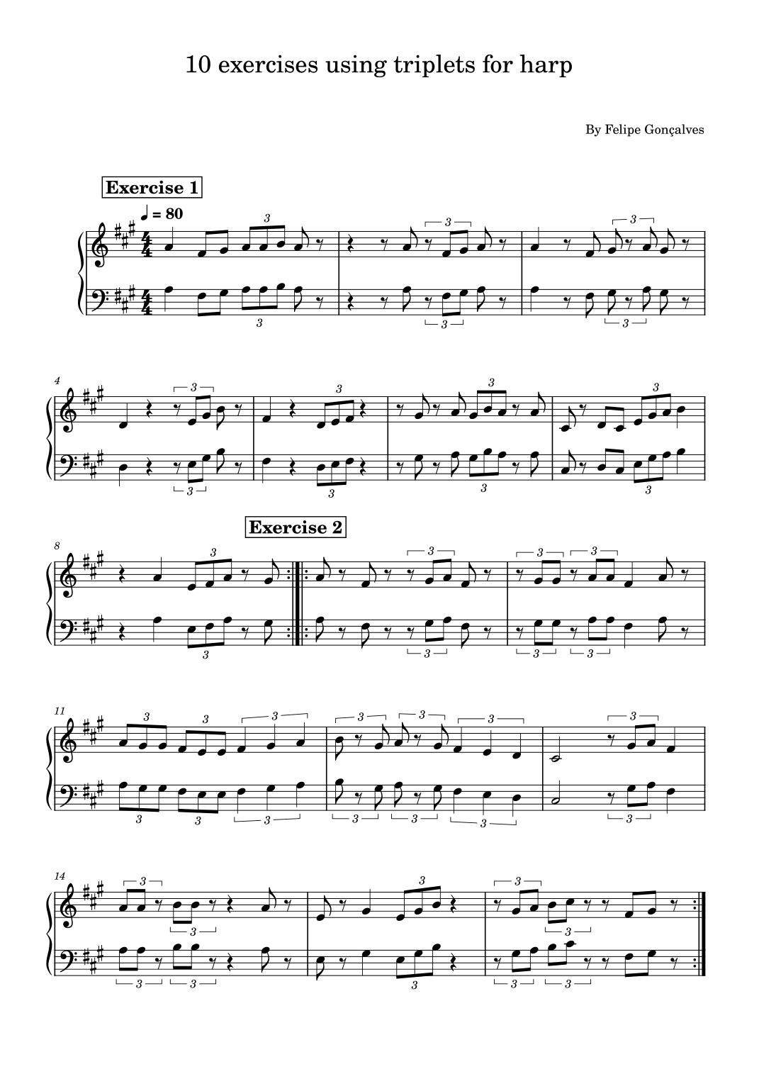 10 exercises using triplets for harp in the key of A major / F# minor ...