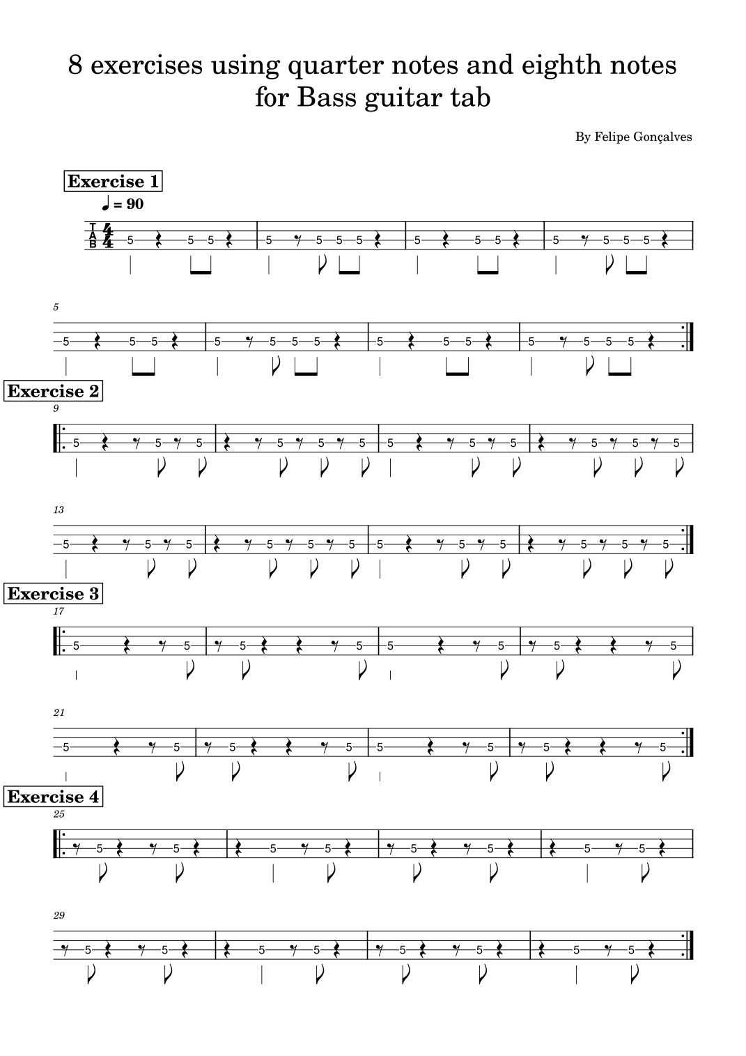 8 exercises using quarter notes and eighth notes for Bass guitar tab ...