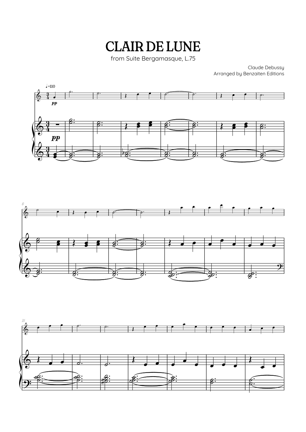 Debussy • Clair de Lune | easy flute sheet music with piano ...