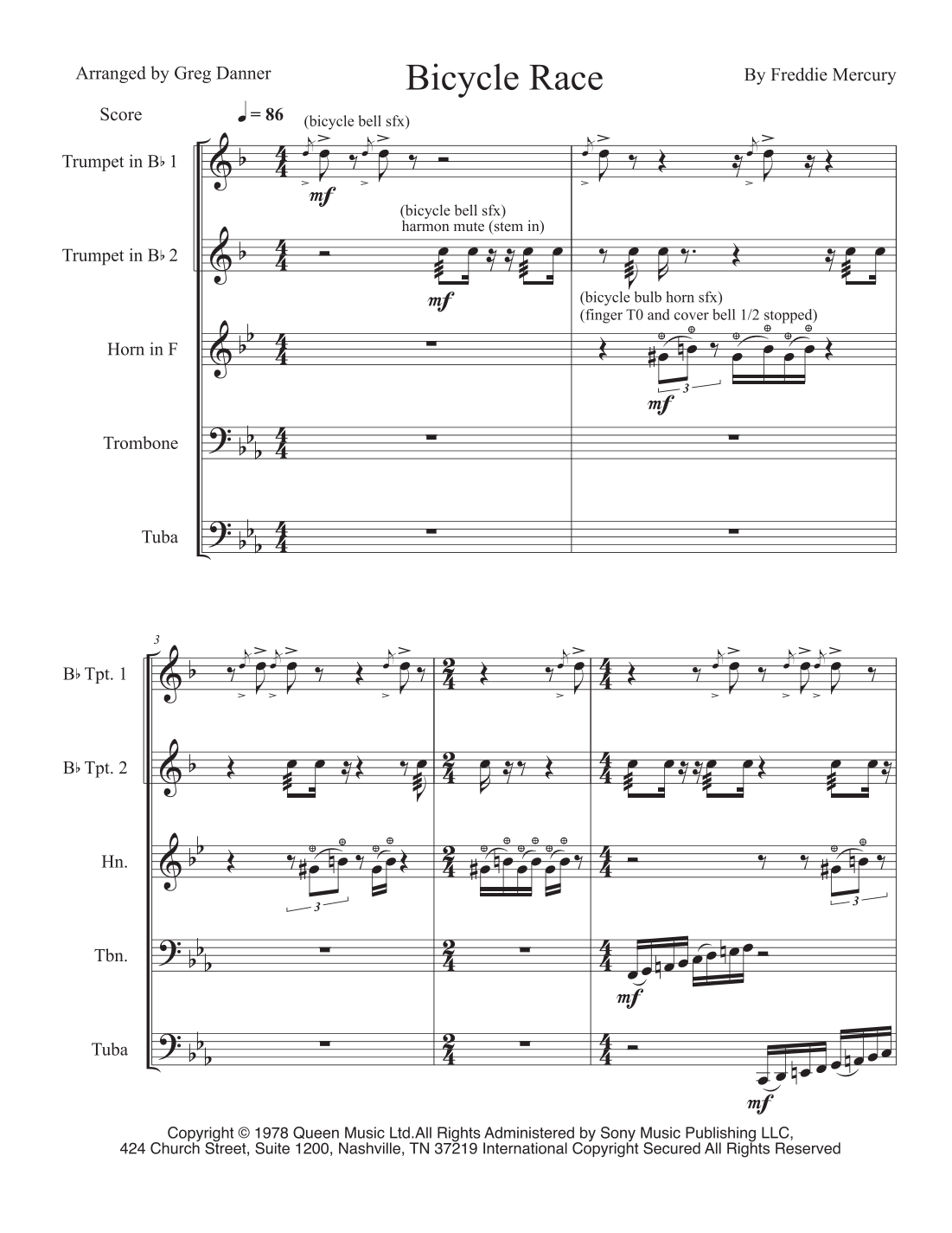 Bicycle Race (arr. Greg Danner) by Queen Sheet Music for Brass Ensemble ...