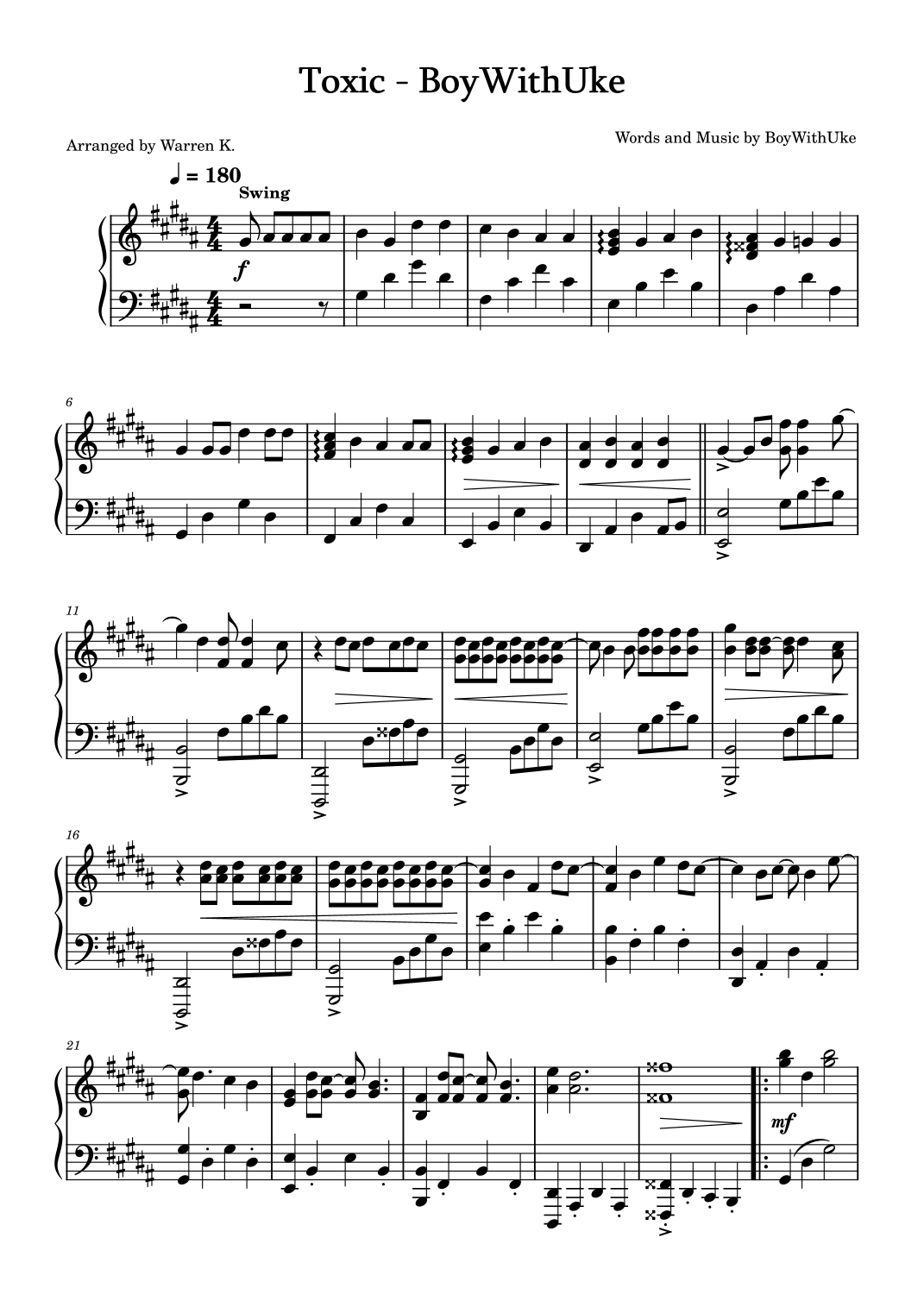 Toxic (arr. Warren K.) by Boywithuke Sheet Music for Piano Solo at ...