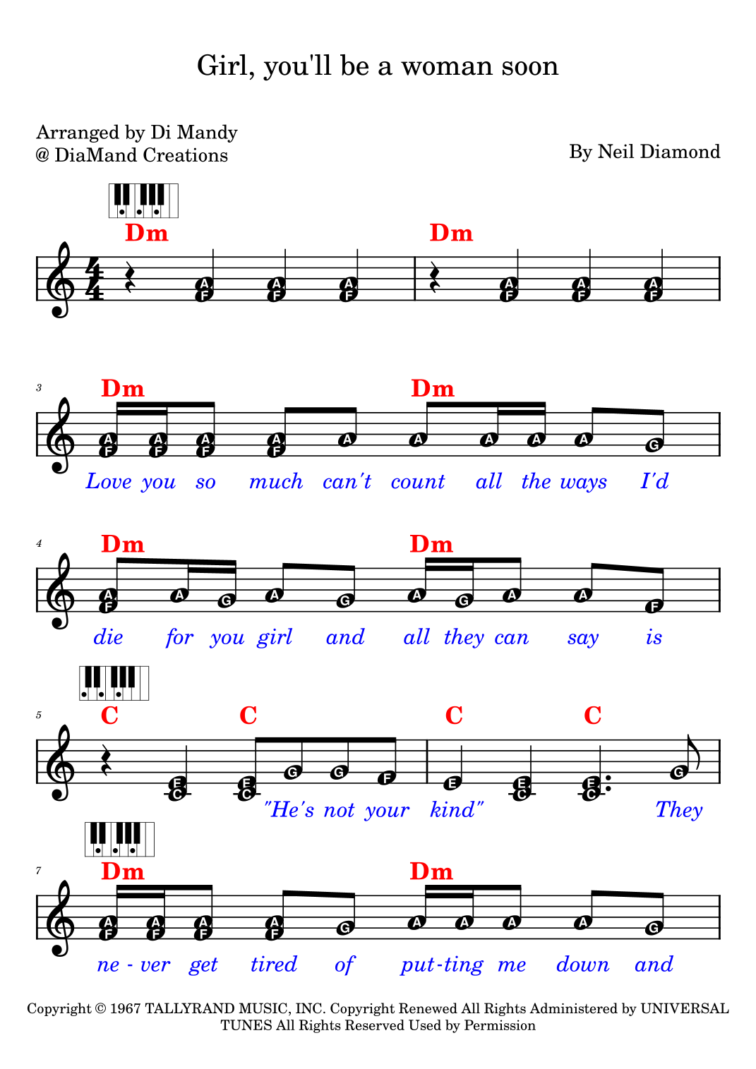 Girl, You'll Be A Woman Soon (arr. Dianne Mandy) by Neil Diamond Sheet ...