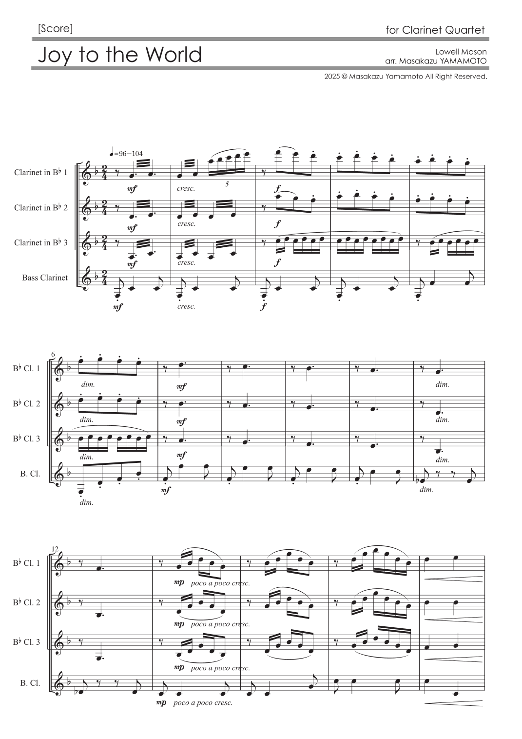 Joy to the World [Clarinet Quartet / Christmas Music Arr.] - Score Only ...