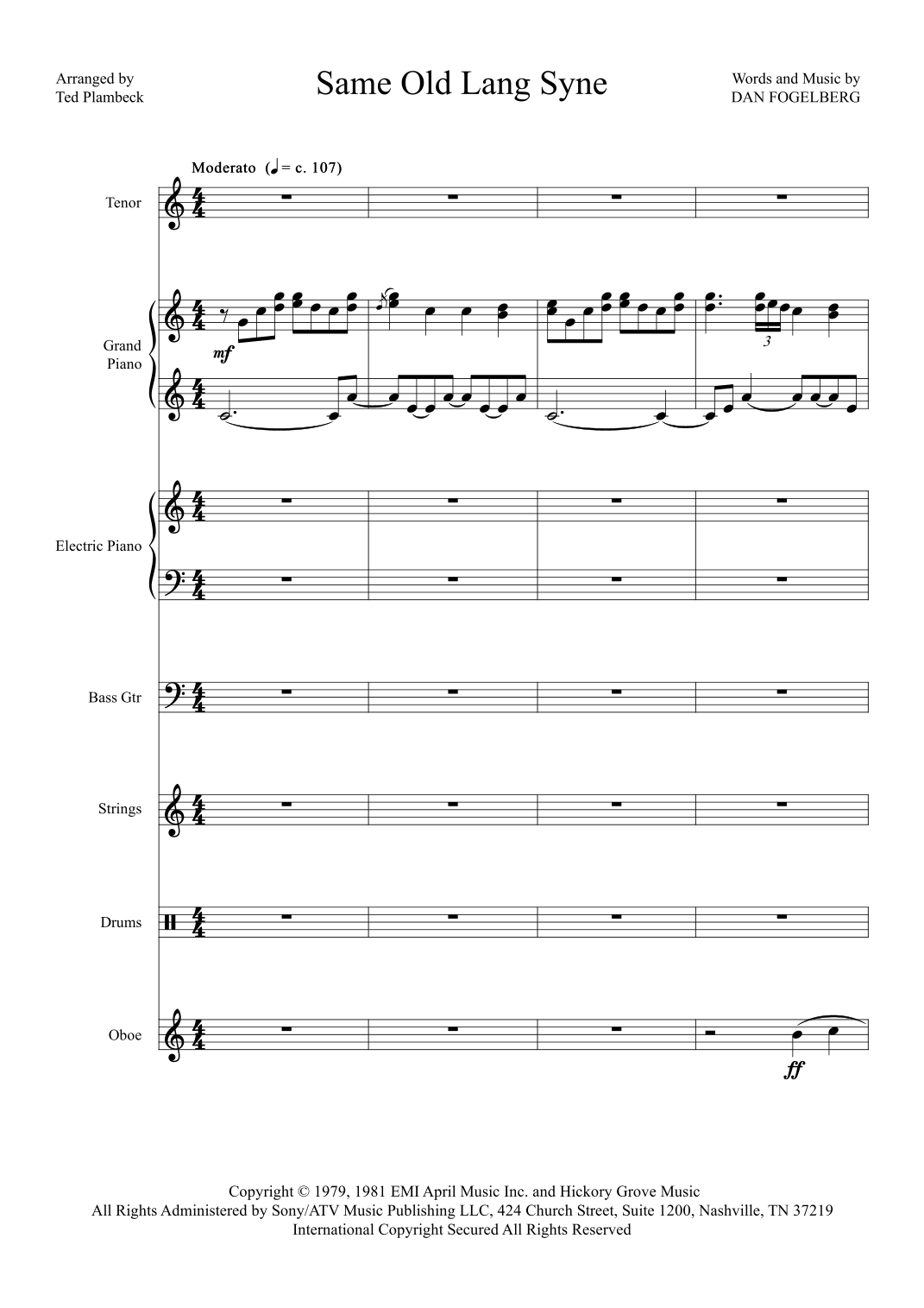 Same Old Lang Syne (arr. Ted Plambeck) by Dan Fogelberg Sheet Music for ...