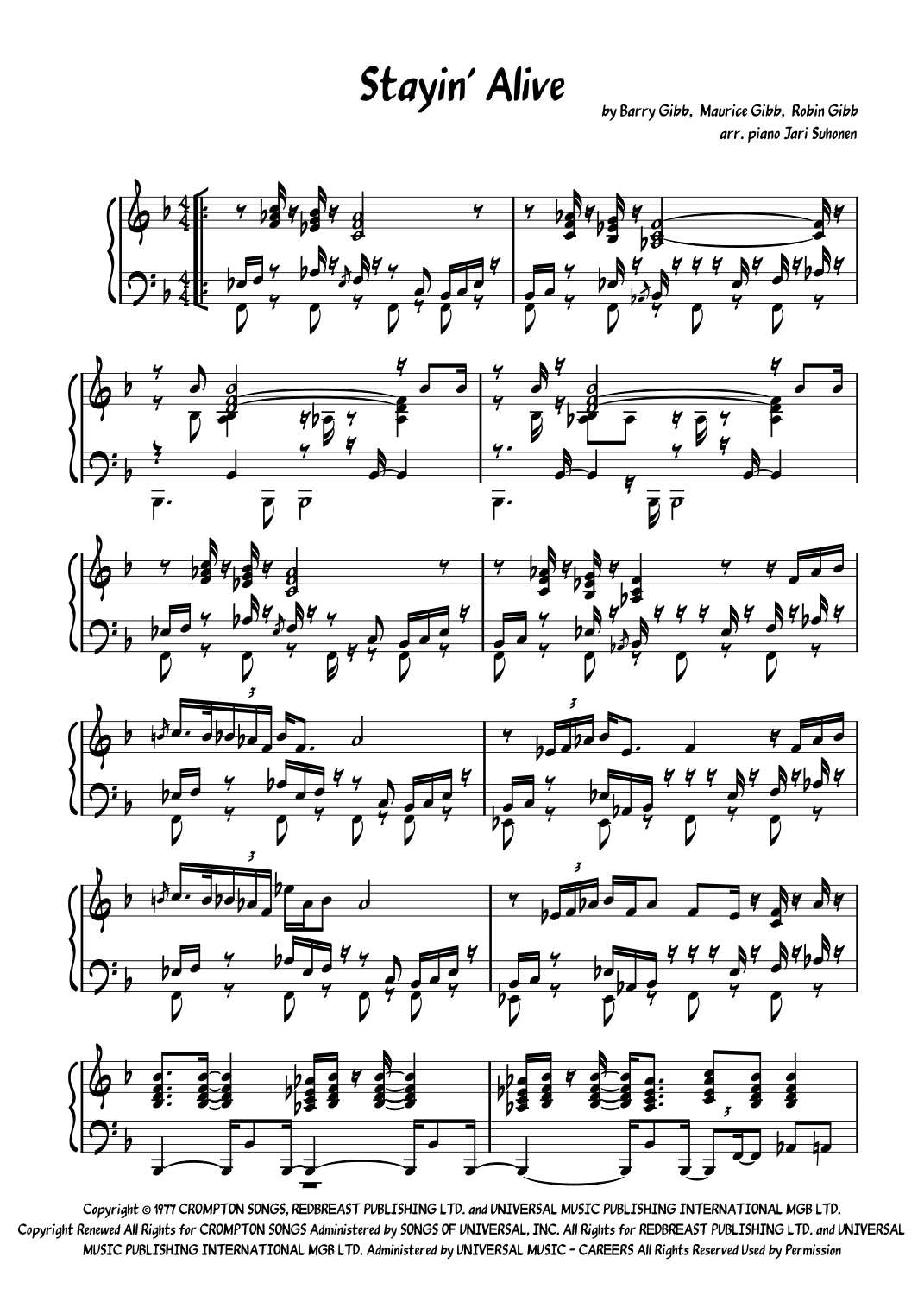 Stayin' Alive by The Bee Gees Sheet Music for Piano Solo at Sheet Music ...