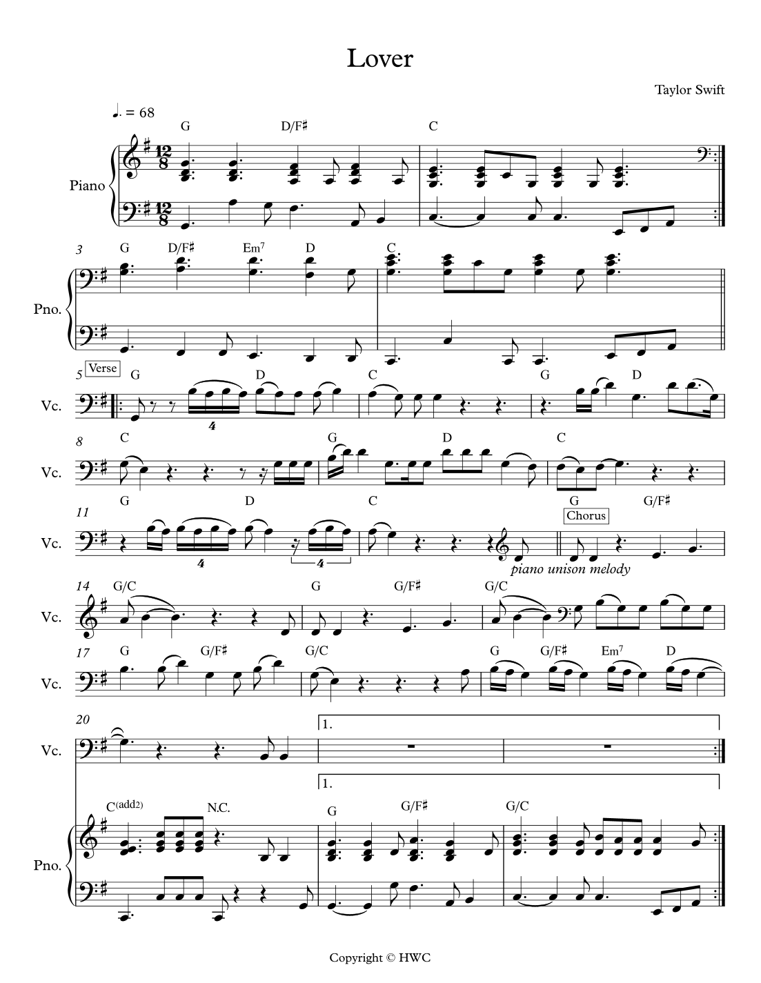Lover (arr. Lydia Marmen by Taylor Swift Sheet Music for Cello and ...