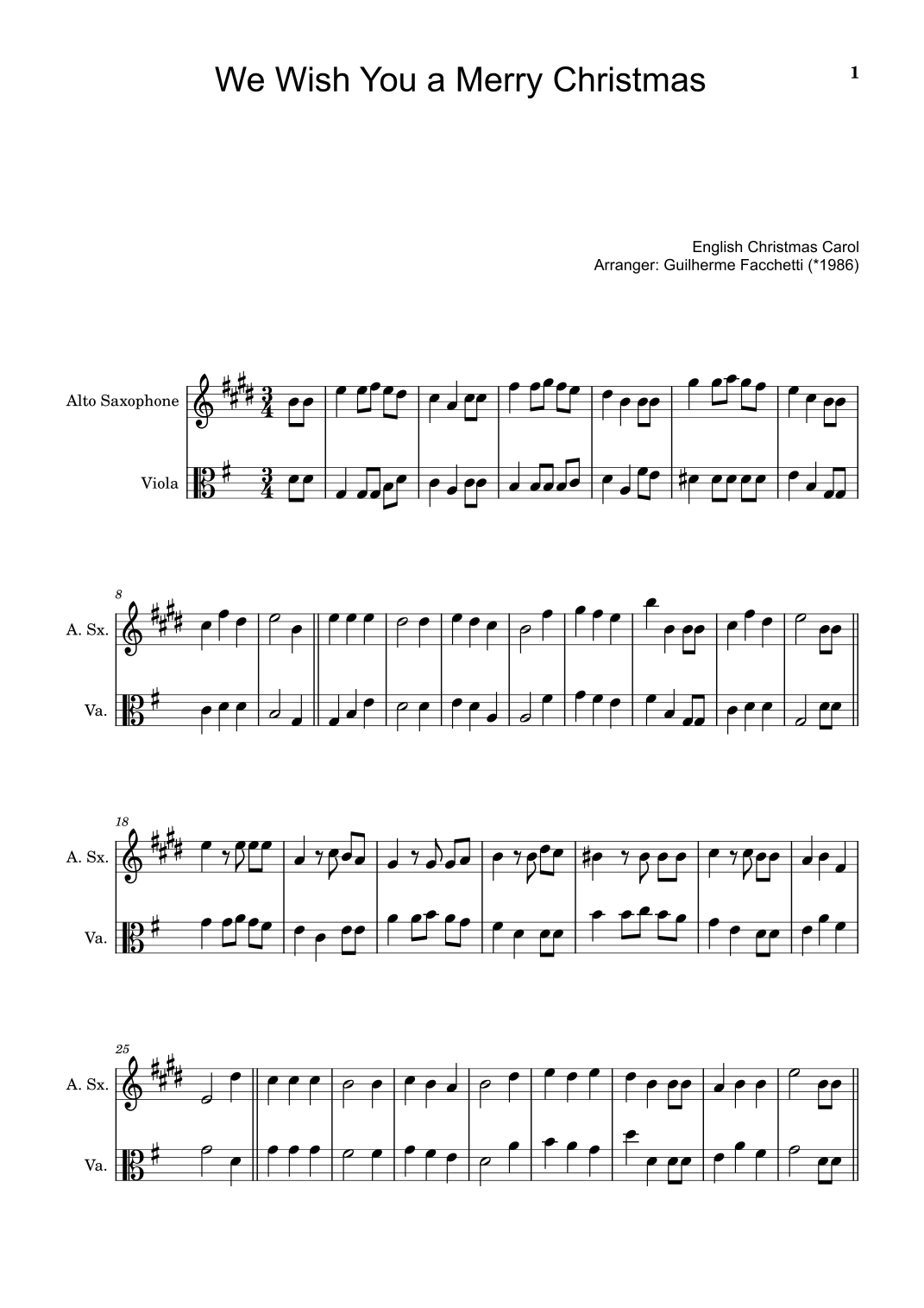 We Wish You a Merry Christmas - For A. Sax. and Viola. (arr. Guilherme ...