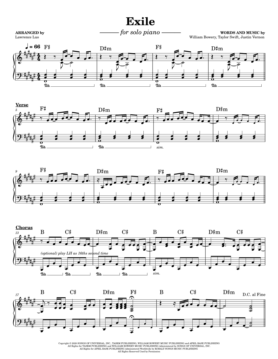 Exile (arr. Lawrence Luo) by Taylor Swift Feat. Bon Iver Sheet Music ...
