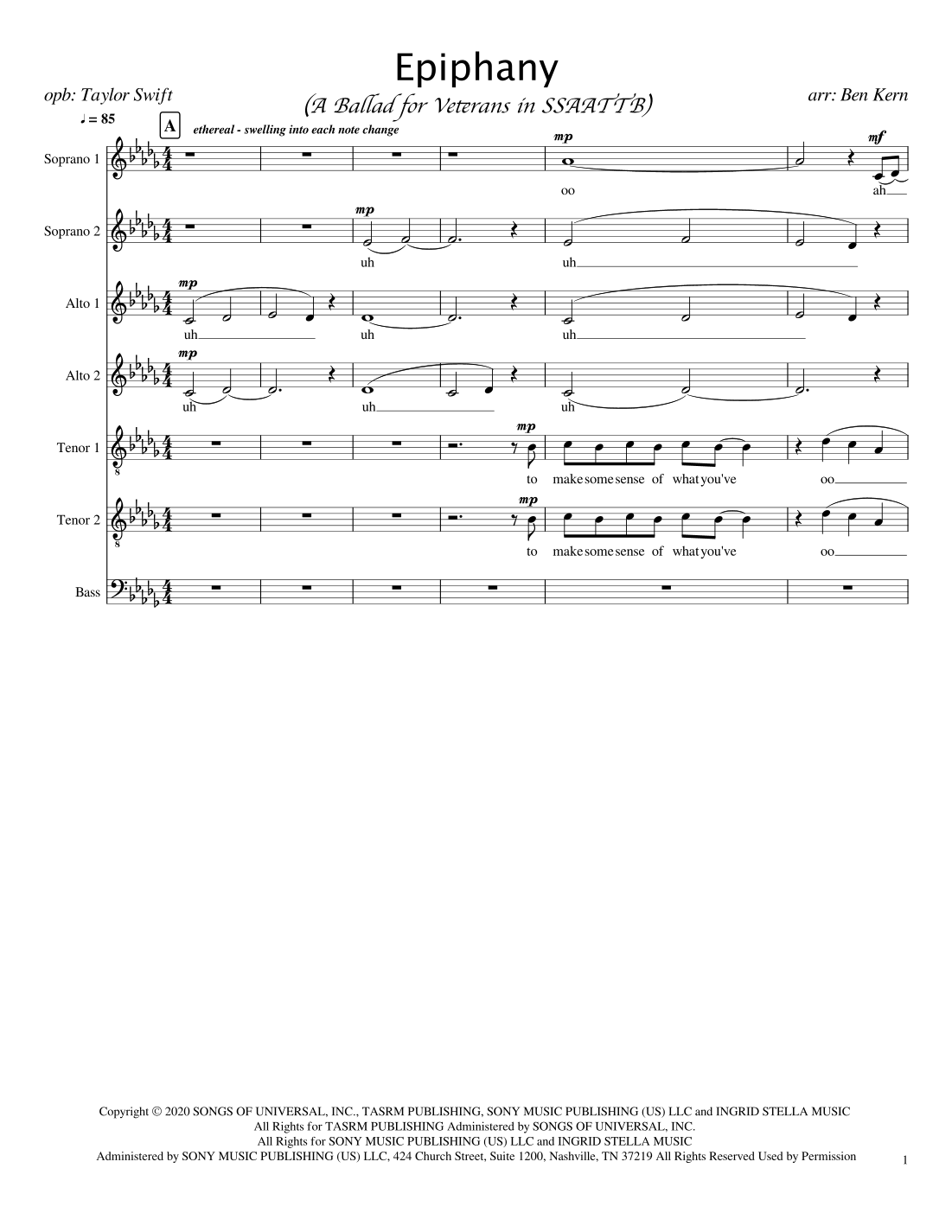 Epiphany (arr. Ben Kern) by Taylor Swift Sheet Music for Choir at Sheet ...
