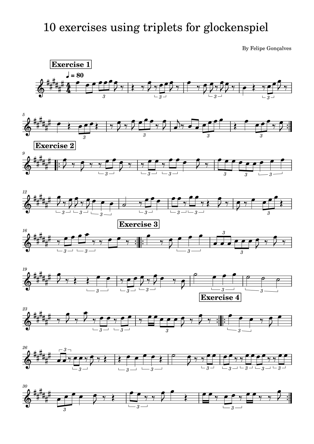 10 exercises using triplets for glockenspiel in the key of F# major ...