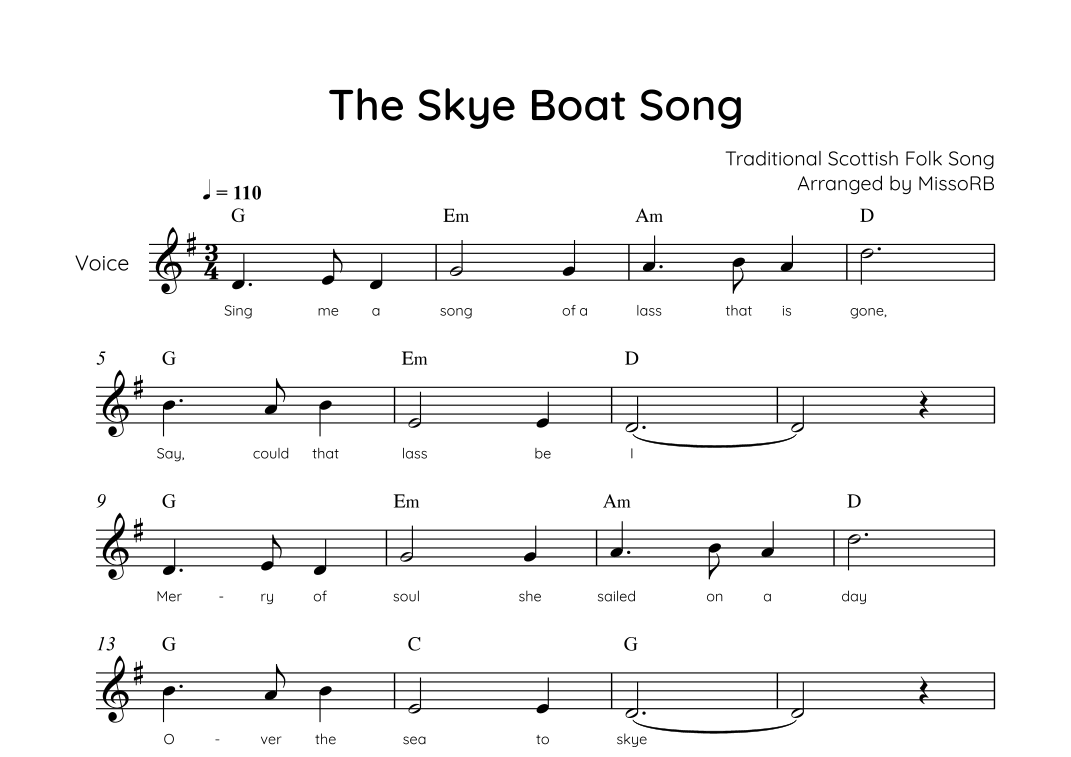 The Skye Boat Song - Voice in G With Chords & Lyric Lead Sheet - Easy ...