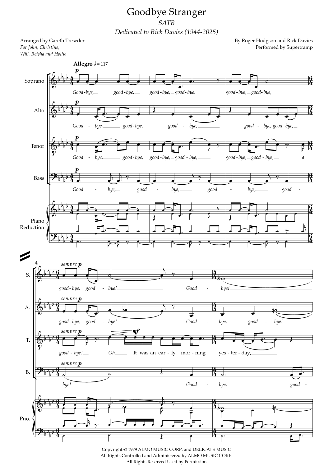 Goodbye Stranger (arr. Gareth Treseder) by Supertramp Sheet Music for SATB Choir at Sheet Music ...