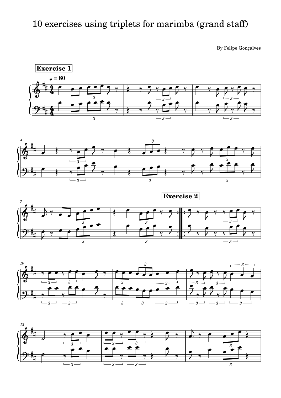 10 exercises using triplets for marimba (grand staff) in the key of D ...