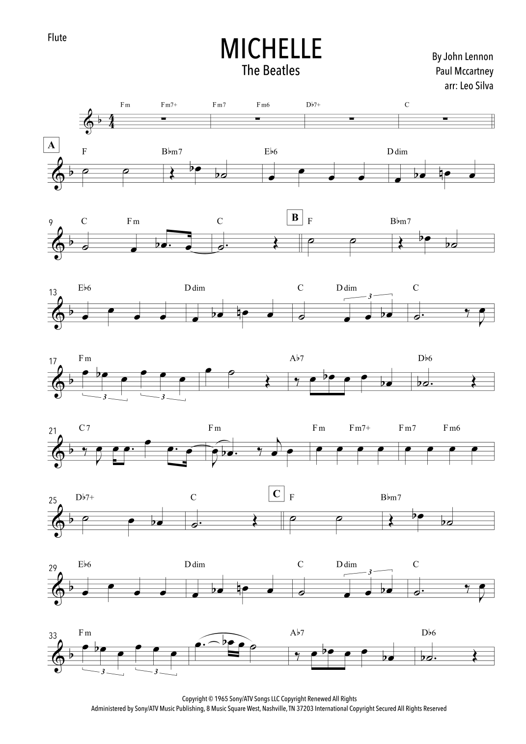 Michelle (arr. Leo Silva) by The Beatles Sheet Music for Flute Solo at ...