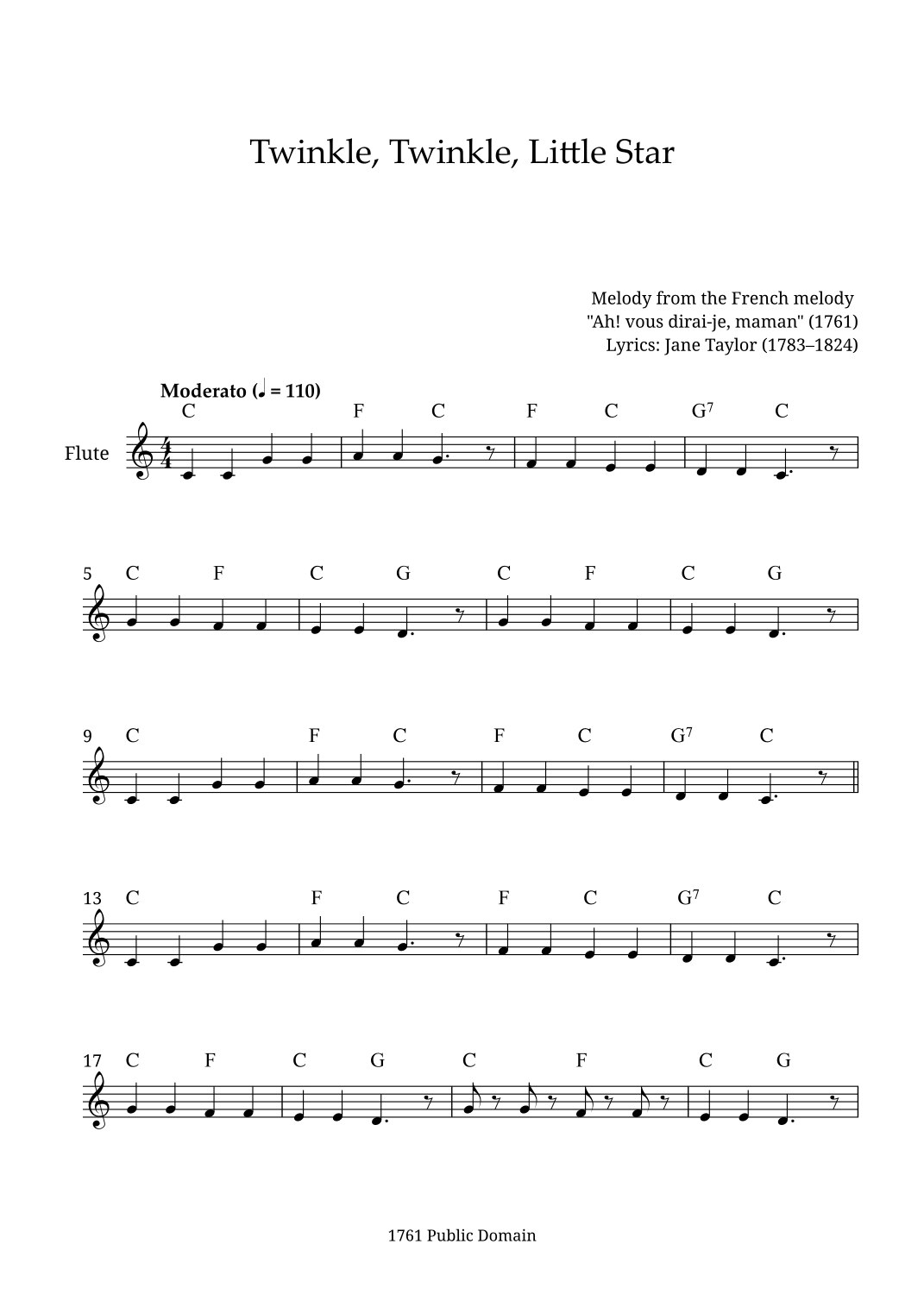 Twinkle, Twinkle, Little Star – Easy Flute (C major, with Chord Symbols ...