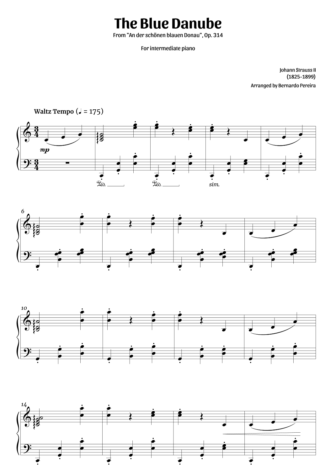 The Blue Danube (intermediate piano – clean sheet music) (arr. Bernardo Pereira) von Johann ...