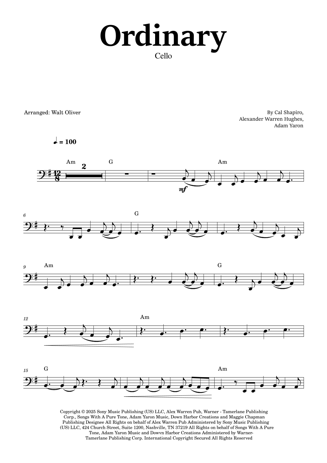 Ordinary (arr. Walt Oliver) by Alex Warren Sheet Music for Cello Solo ...