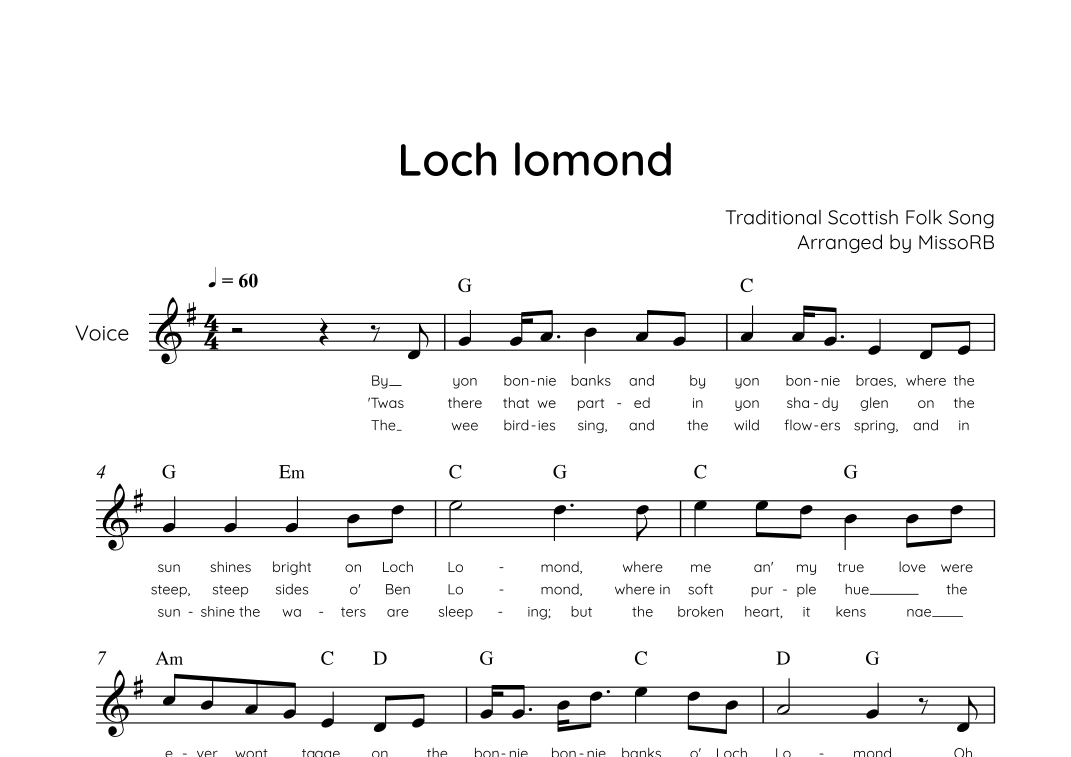 Loch Lomond - Voice in G Lead Sheet With Lyric & Chords - Easy (arr ...