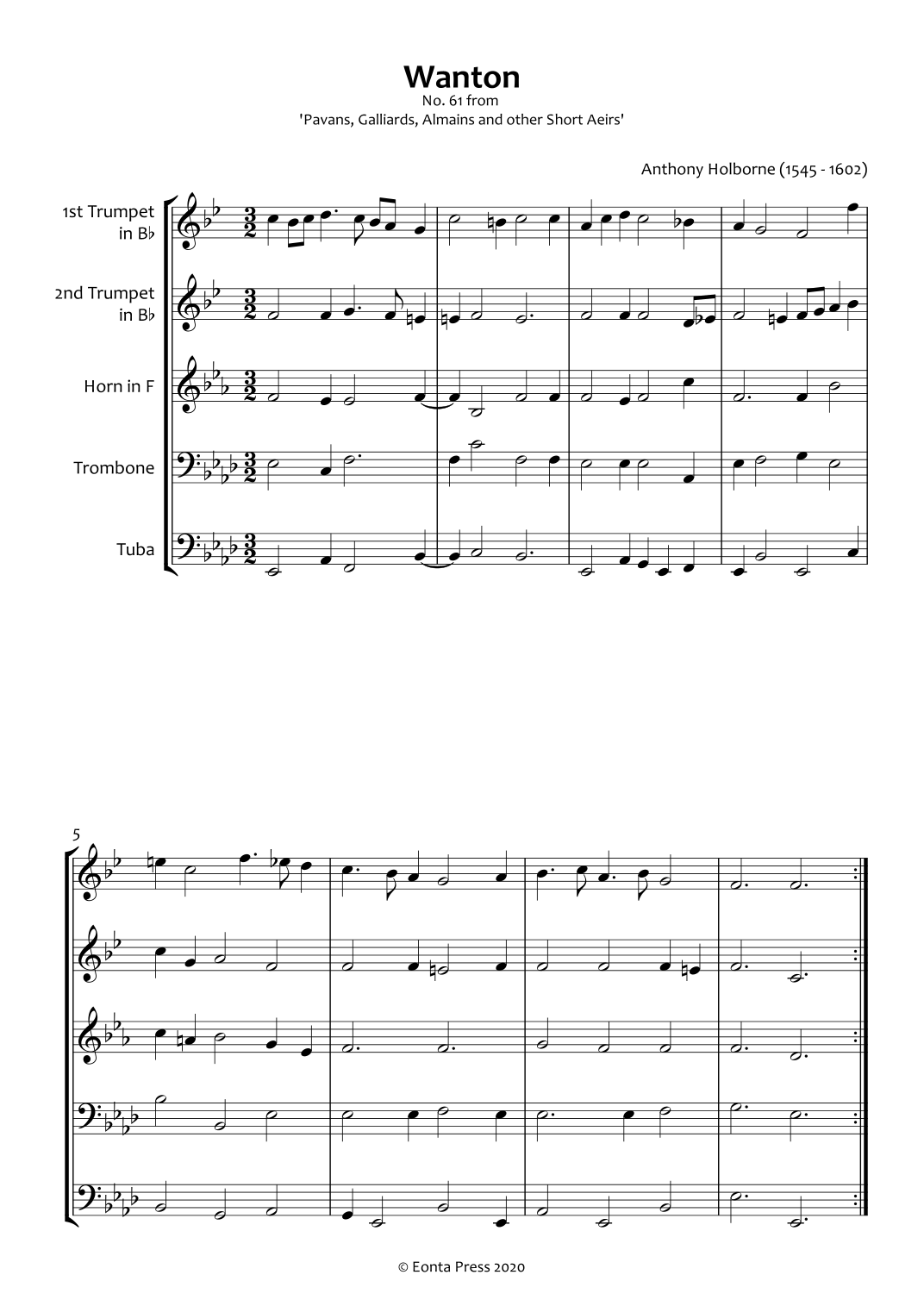 Wanton (arr. Toby Griffiths) by Anthony Holborne Sheet Music for Brass ...