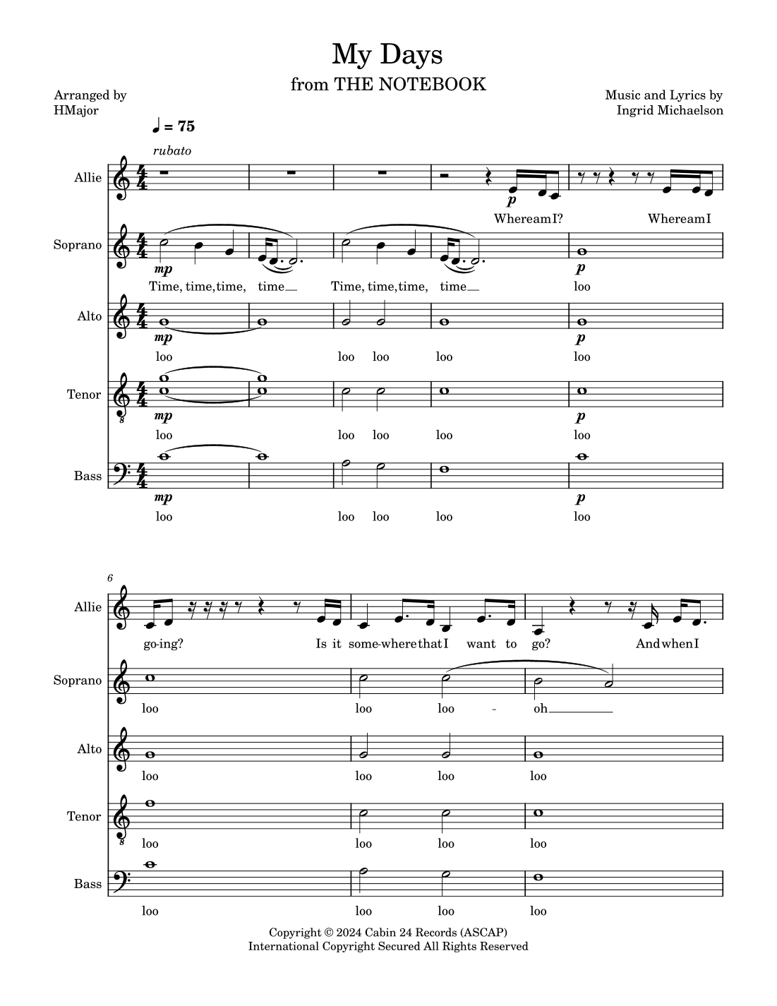 My Days (arr. HMajor) by Ingrid Michaelson Sheet Music for SATB divisi ...
