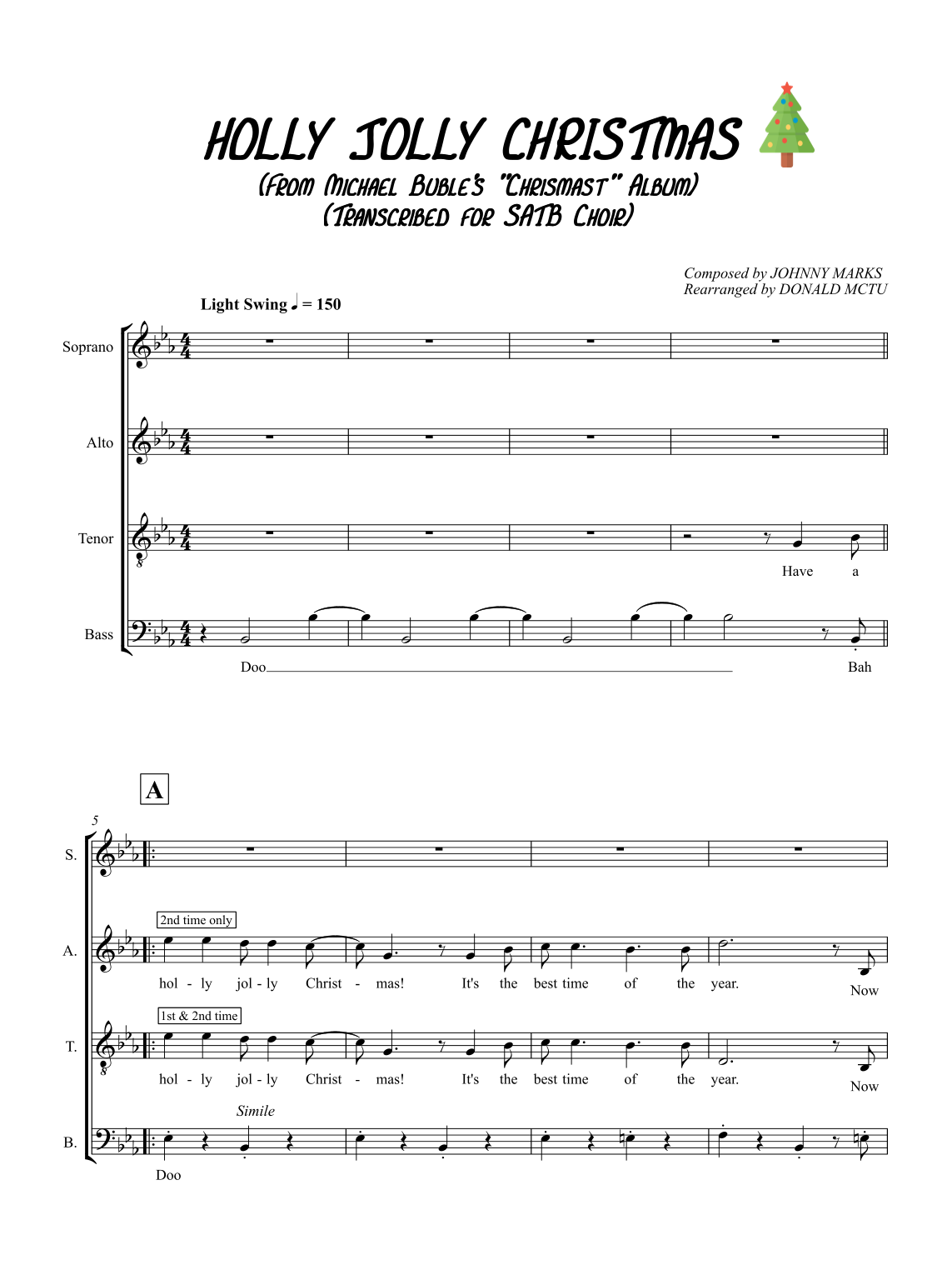 A Holly Jolly Christmas - For SATB choir (arr. Donald Tu) by Michael ...