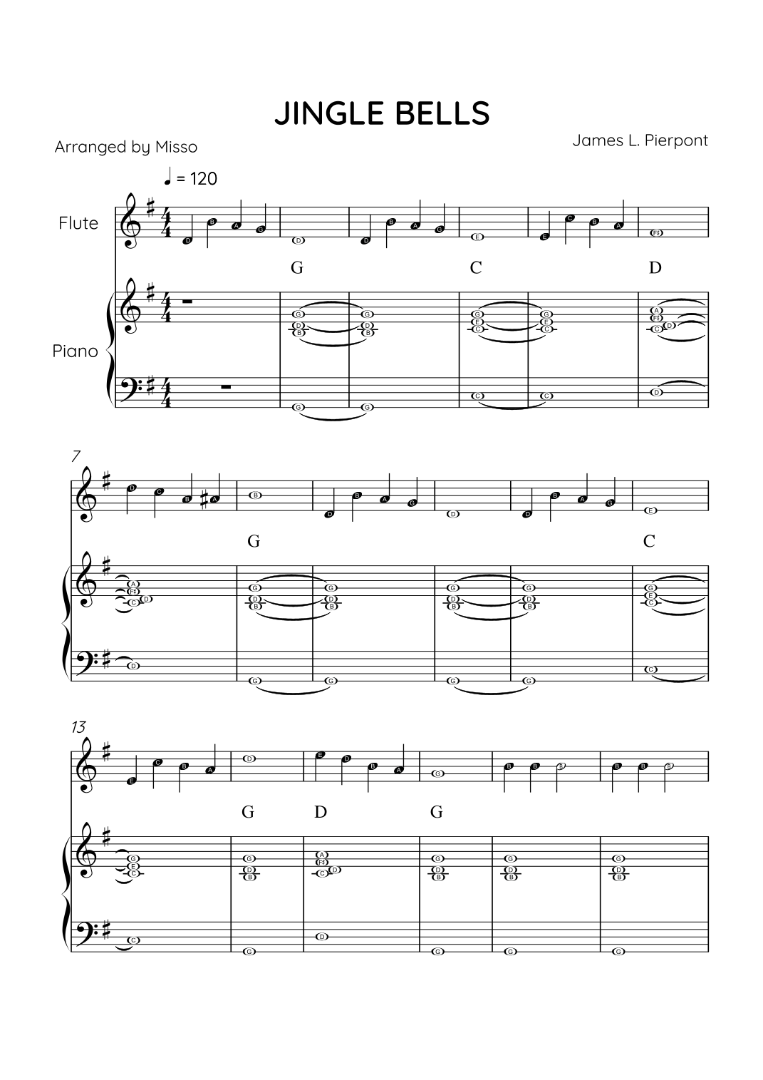 Jingle Bells - Flute & Piano in G Major - Beginner With Chords & Letter Names (arr. MissoRB) von ...