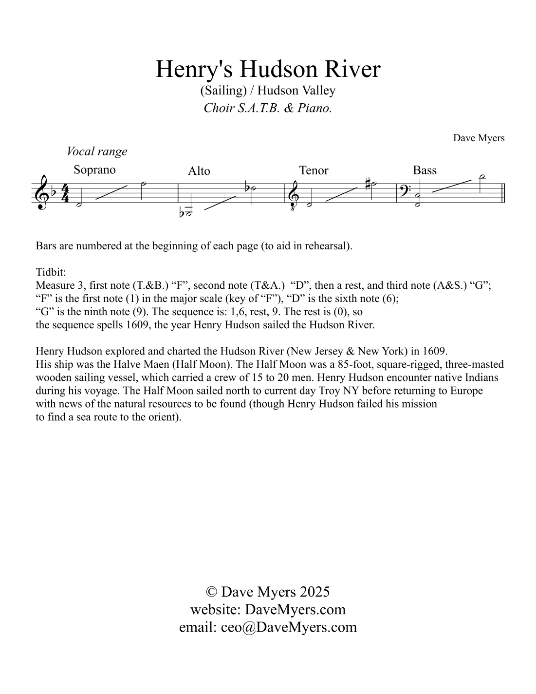 Henry's Hudson River (Sailing) by Dave Myers Sheet Music for SATB Choir ...