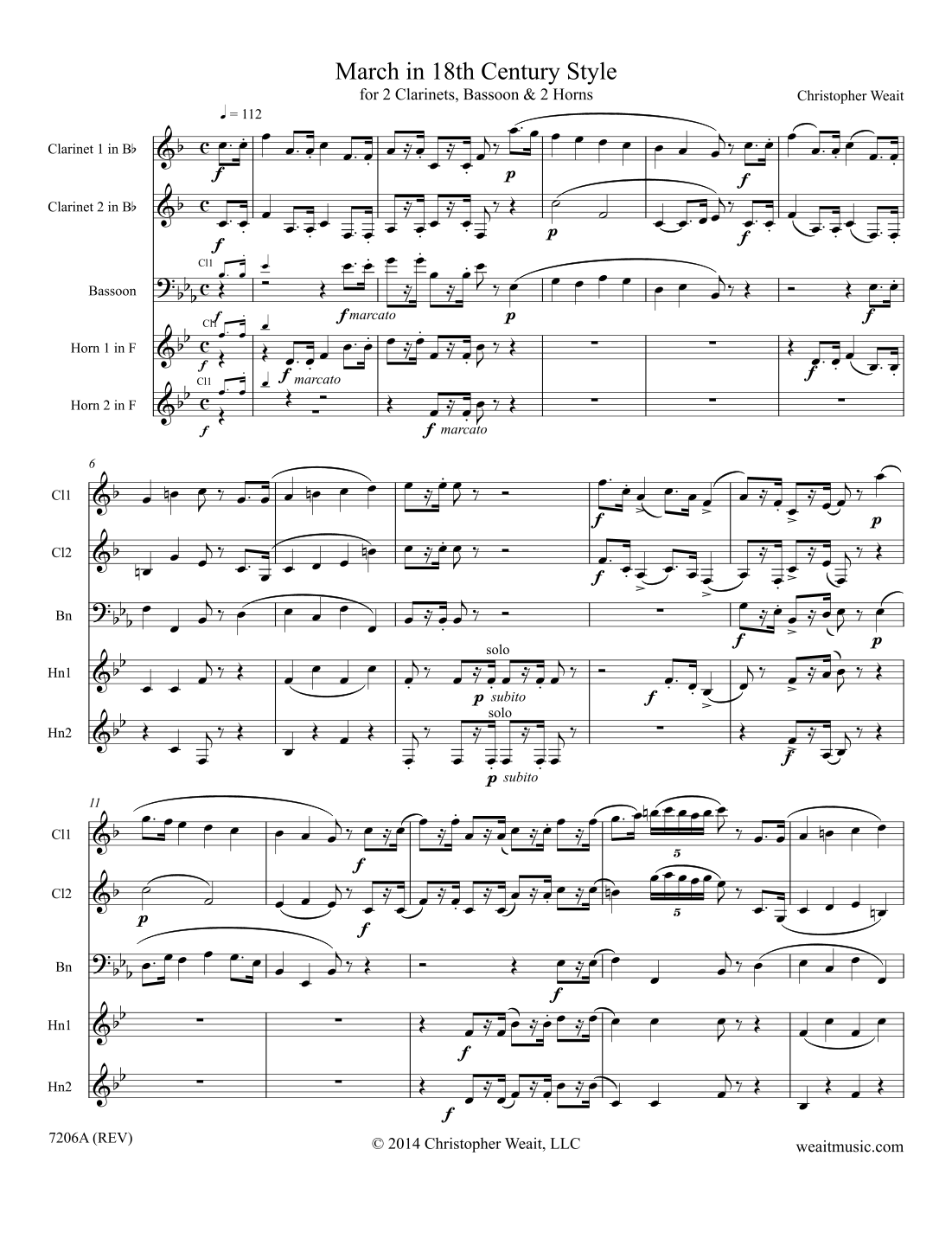 March in 18th Century Style for 2 clarinets, bassoon and 2 horns (1’30 ...
