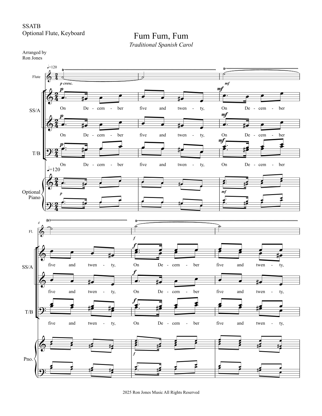 Fum Fum Fum - Flute SSATB Keyboard (arr. Ron Jones) by Traditional ...
