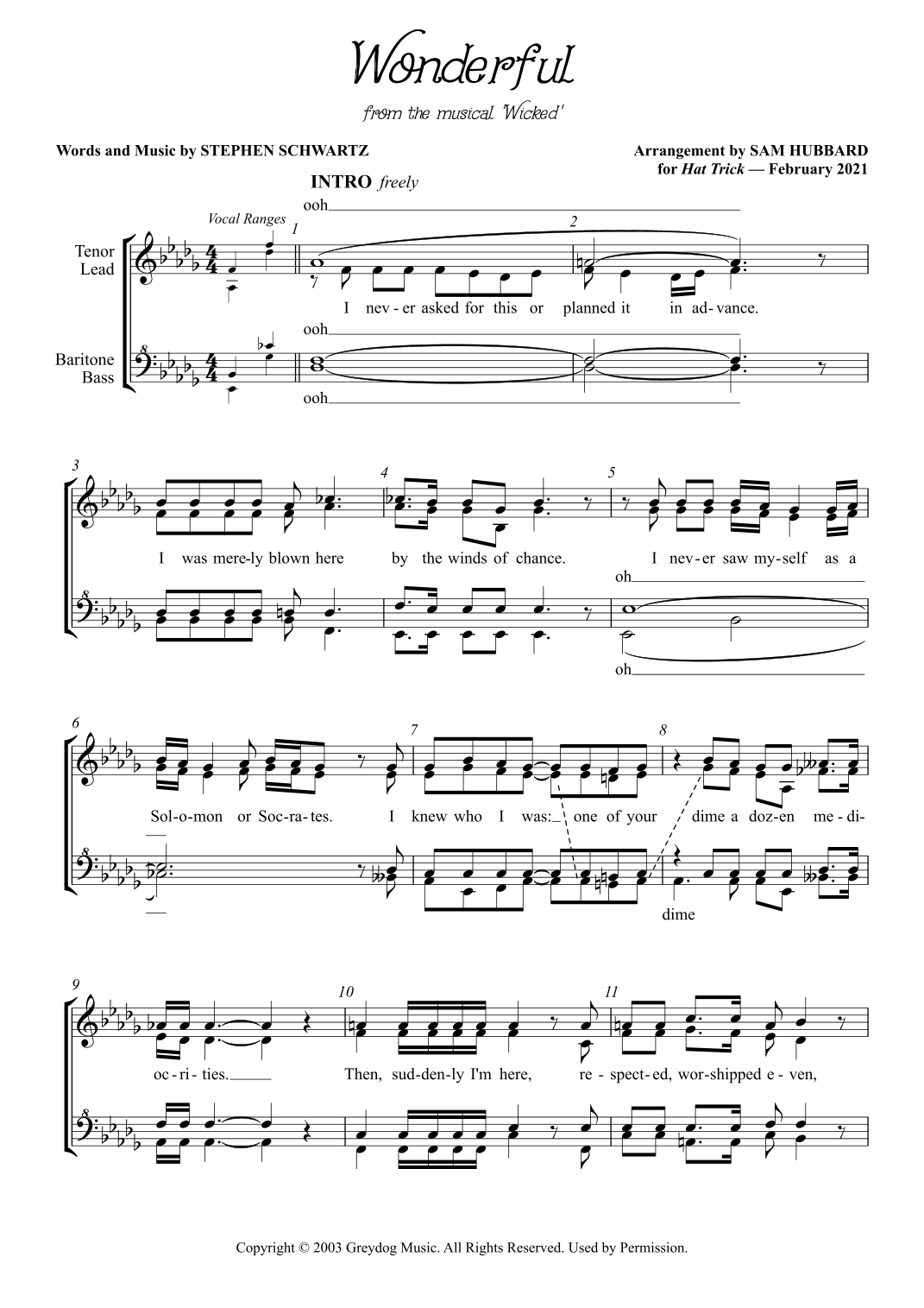 Wonderful (arr. Sam Hubbard) by Stephen Schwartz Sheet Music for SSAA ...