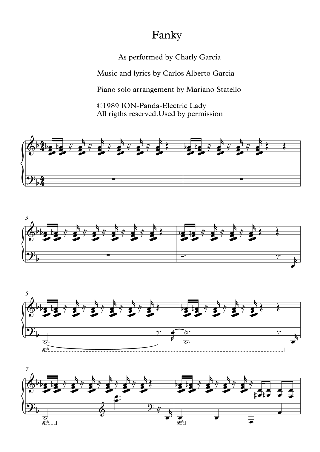 Fanky by Charly Garcia Sheet Music for Piano Solo (arr. Mariano ...