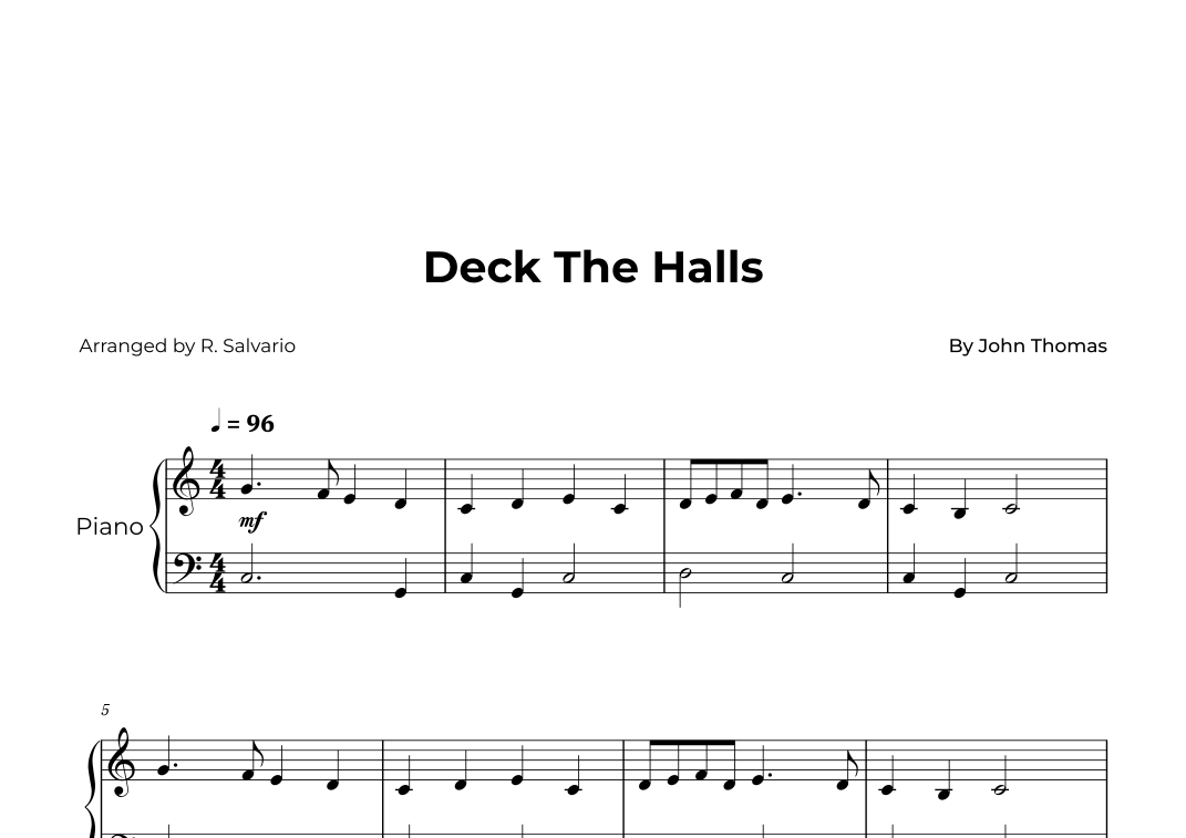 Deck The Halls - Easy Piano (arr. R. Salvario) by John Thomas Sheet ...