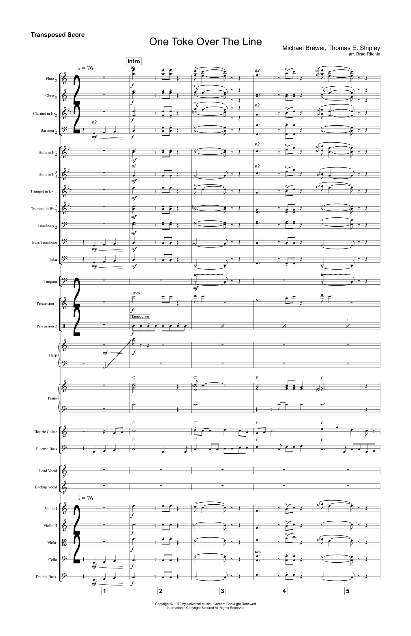 One Toke Over The Line (arr. Brad Ritchie) by Brewer & Shipley Sheet ...