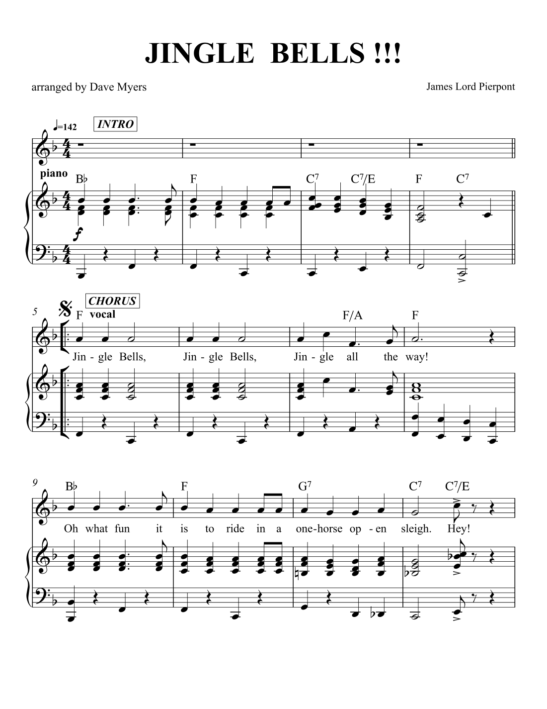 Jingle Bells !!! (arr. Dave Myers) por James Lord Pierpont Partituras para Piano y Voz en Sheet ...